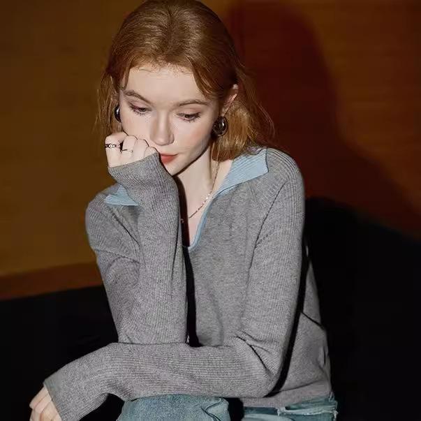 ・カテゴリ: ニット、セーター・素材: レーヨン・柄: 配色・厚さ: 普通・組み合わせ: 単品・スタイル: プルオーバー・シルエット: レギュラー・袖のタイプ: ドロップショルダー・襟の形: ポロ襟・袖丈: 長袖・デザイン: 切り替え・着丈...