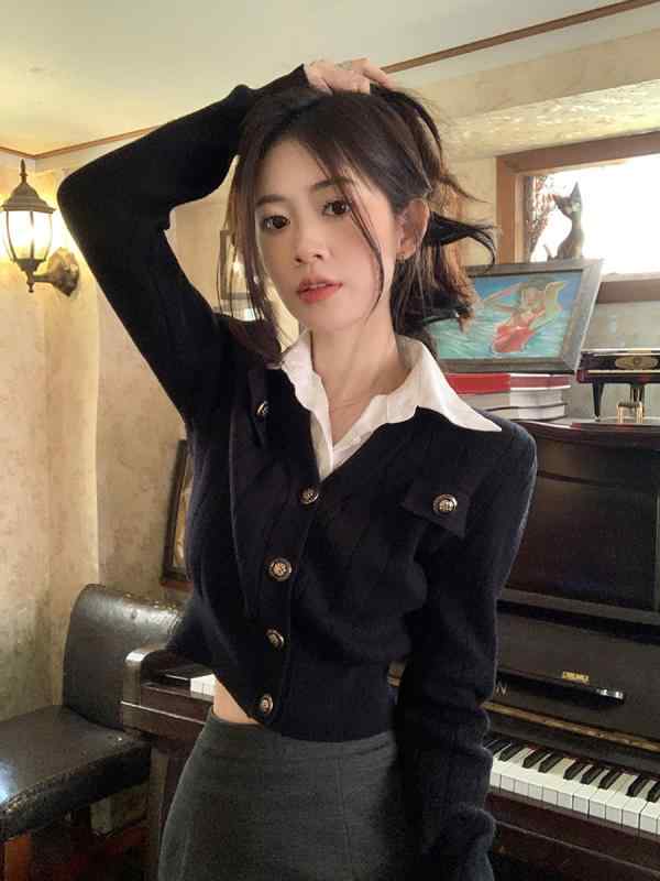 ・素材: ポリエステル100%・柄: 無地・厚さ: 中・組み合わせ形式: フェイクレイヤード・スタイル: カーディガン・シルエット: スリム・袖丈: 長袖・ネックライン: ポロネック・着丈: 短め（40cm超50cm以下）・カラー: ブラッ...