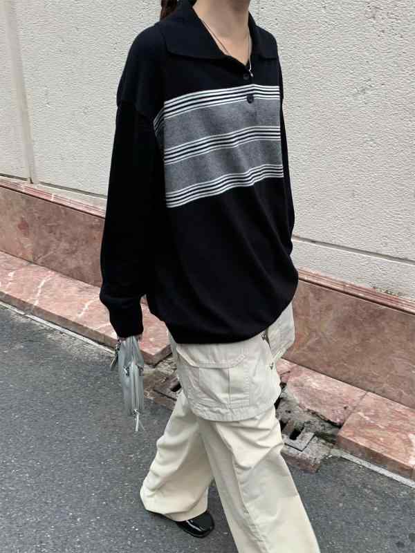 output: ・カテゴリ: ニット・素材: 粘胶纤维、ポリエステル・柄: ストライプ、格子柄・厚さ: 薄手・スタイル: カジュアル、韓国風・シルエット: ゆったり・袖丈: 長袖・ネックライン: ポロネック・着丈: ミドル丈(65cm超～8...