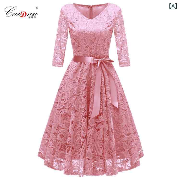 ・素材: レース、スパンデックス、ポリエステル・柄: 無地・製法: 拼贴/拼接・スタイル: 基本・組み合わせ形式: ワンピース・スカート丈: ミモレ丈・スカートタイプ: フレア・ネックライン: ラウンドネック・袖丈: 七分袖・袖タイプ: 通...