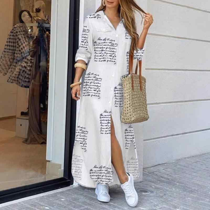 ・面料: ポリエステル・柄: プリント・製法: 捺染・スタイル: ベーシック・組み合わせ: ワンピース・スカート丈: ロング・スカート型: Aライン・ネックライン: シャツカラー・袖: シャツ袖、長袖・ウエスト: ゆったり・流行要素: プリ...