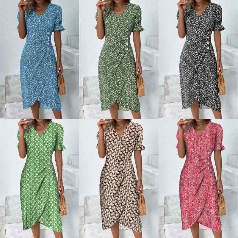 ・素材: ポリエステル・柄: 幾何学模様・スタイル: プルオーバー・スカート丈: ミニ・スカート型: 不規則・ネックライン: Vネック・袖丈: 半袖・袖型: パフスリーブ・ウエスト: ハイウエスト・カラー: ローズレッド、グリーン、ライトグ...