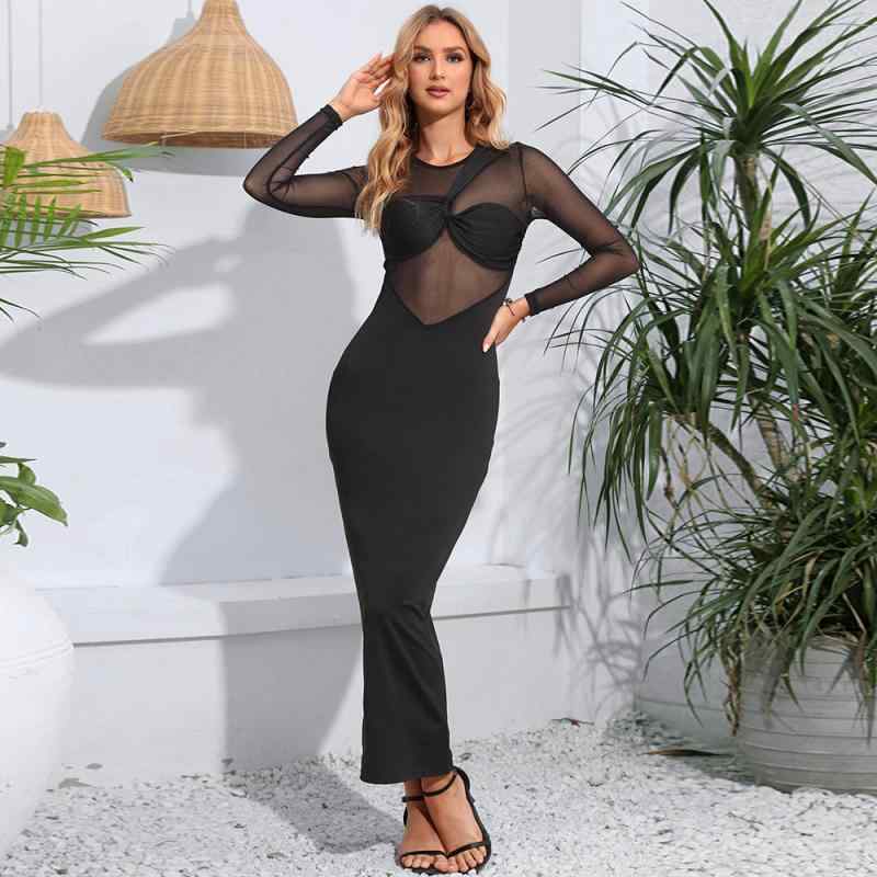 ・素材: ポリエステル、スパンデックス・柄: 無地・スタイル: セクシー・袖丈: 長袖・ネックライン: ラウンドネック・スカート丈: ロング・スカートタイプ: タイトスカート・カラー: ブラック・サイズ: S、M、L