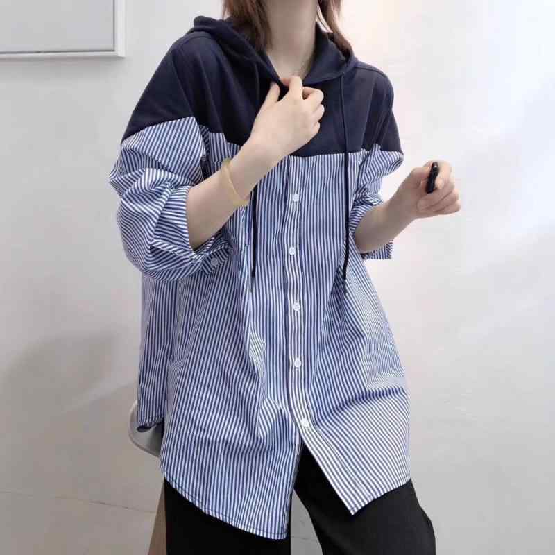 ・カテゴリ: シャツ・スタイル: 韓国風・主な素材: 綿・柄: ストライプ・袖丈: 長袖・デザイン: ステッチ・フィット: ルーズ・ネックライン: フード付き・袖型: スタンダード・カラー展開: グレー、ダークネイビー・サイズ展開: フリーサイズ