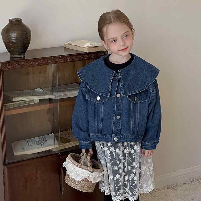 ・素材: デニム、綿85%・スタイル: 韓国風・対象: 女の子・フード: なし・厚さ: 普通・柄: 無地・ボタン: シングル・要素: プリンセス・シーズン: 春、秋・対象年齢: 3～8歳・対象身長: 90、100、110、120、130、1...