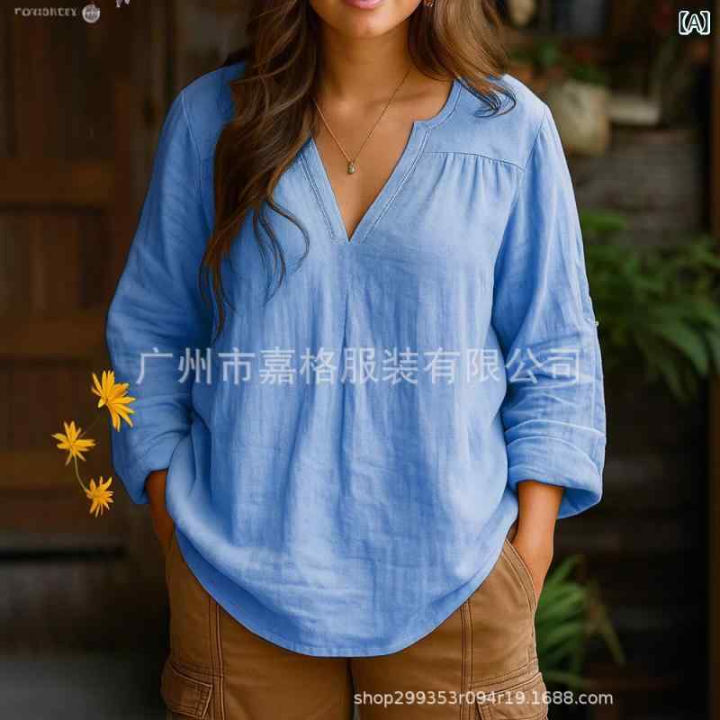 ・カテゴリ: シャツ・スタイル: カジュアル・主な素材: 綿麻・主な素材含有量: 95%以上・柄: 無地・袖丈: 長袖・袖型: 通常袖・衣丈: ミドル丈・ネックライン: Vネック・フィット感: 通常・カラー展開: ブルー、ピンク、オレンジ、...