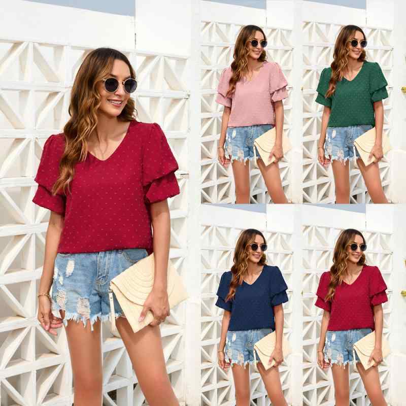 ・カテゴリ: Tシャツ・スタイル: 街頭風・主な素材: ポリエステル95%以上・柄: 無地・袖丈: 短袖・袖型: 泡泡袖・ネックライン: Vネック・フィット: ルーズフィット・着丈: 普通(50cm<着丈≤65cm)・カラー展開: 赤...