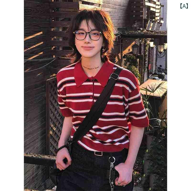 ・カテゴリ: Tシャツ・スタイル: 通勤風・主な素材: ポリエステル80-90%・柄: 条紋・袖丈: 短袖・袖型: 標準・フィット: ルーズ・衣丈: 普通(50-65cm)・ネックライン: ポロ・カラー展開: 赤・サイズ展開: フリー