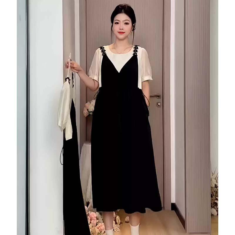 ・素材: シフォン、ポリエステル・柄: その他・スタイル: 背当て・組み合わせ形式: レイヤード風・スカート丈: ロング・スカートタイプ: Aライン・ネックライン: ラウンドネック・袖丈: 半袖・袖タイプ: 通常袖・ウエストタイプ: ミドル...