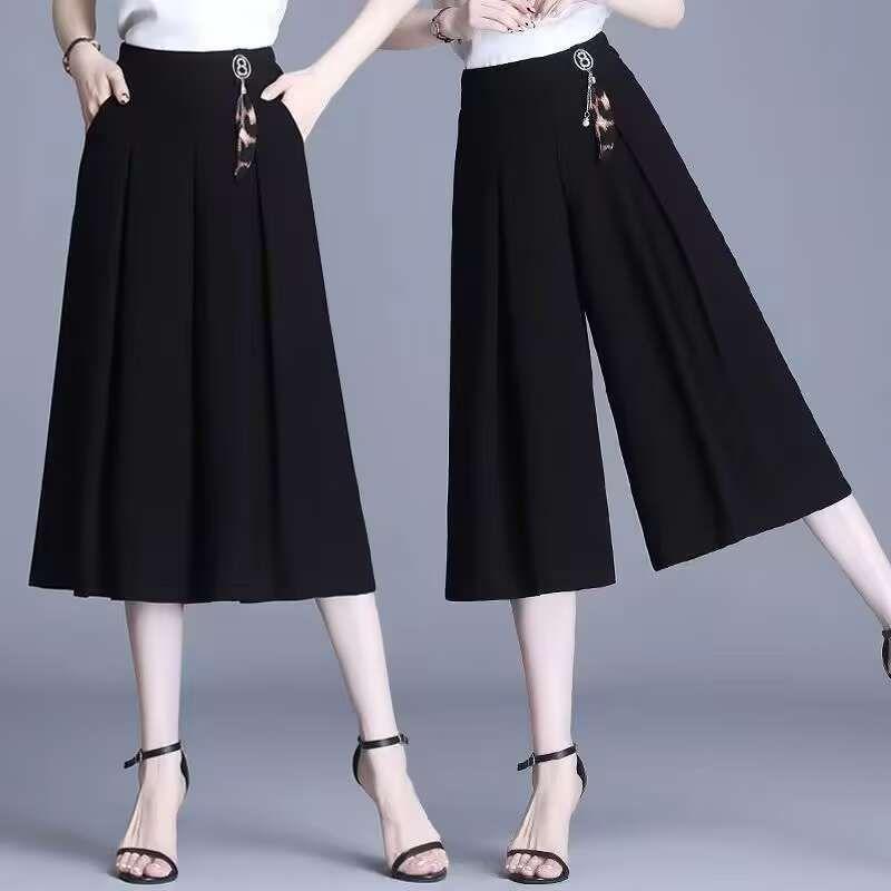 ・素材: ポリエステル・パンツ型: ワイドレッグ・パンツ丈: 七分丈・ウエスト: ハイウエスト・厚さ: 薄手・デザイン: ポケット・カラー: ブラック・サイズ: M, L, XL, 2XL, 3XL, 4XL・スタイル: カジュアル・ストレ...