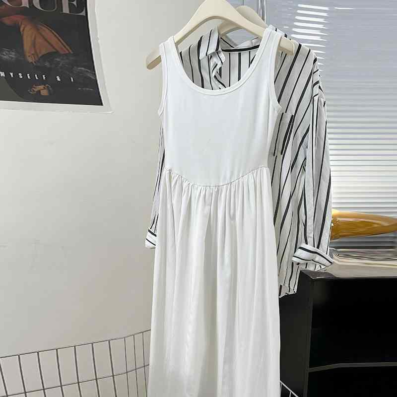 ・素材: ポリエステル繊維・柄: 無地・スタイル: プルオーバー・スカート丈: ロング・スカートタイプ: サスペンダースカート・ネックライン: Uネック・袖丈: ノースリーブ・ウエスト: ゆったり・特徴: 無地・カラー: ブラック、オフホワ...