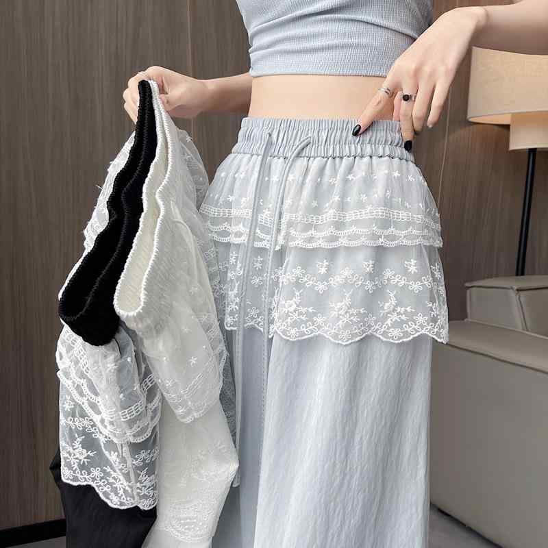 ・素材: シェニール、スパンデックス・スタイル: レース・パンツ型: ワイドレッグ・パンツ丈: ロング・ウエスト: ハイウエスト・厚さ: 薄手・カラー: ブラック、ホワイト、ブルー（通常、高身長、小柄）・サイズ: S、M、L、XL、2XL・...