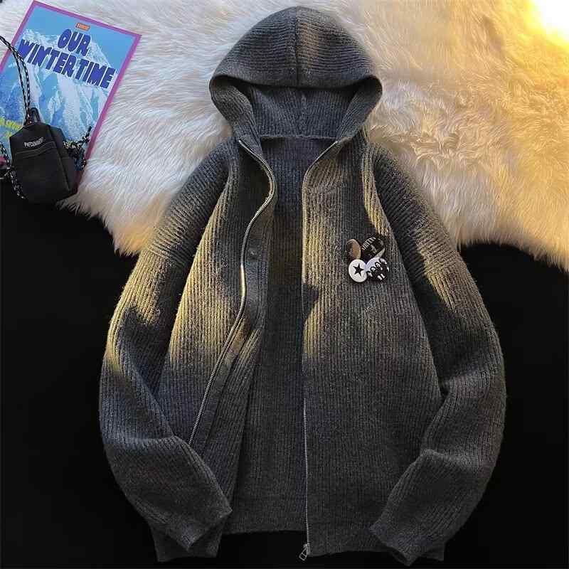 ・カテゴリ: ニットカーディガン・スタイル: カジュアル・タイプ: フード付き・袖丈: 長袖・厚さ: 普通・対象年齢: 18～24歳・素材: 綿65%・対象: 青少年・シーズン: 春秋・対象者: 男性・カラー: グレー・サイズ: M, L,...