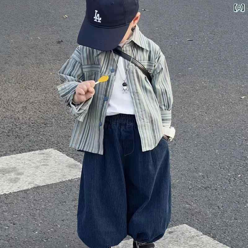 items: ・対象: 男女兼用・スタイル: 韓国風・セット内容: シャツ、パンツ・対象年齢: 中小キッズ（3～8歳、100～140cm）・シーズン: 春、夏、秋、冬・袖丈: 長袖・パンツ丈: 長ズボン・生地の厚さ: 普通・柄: ストライプ...