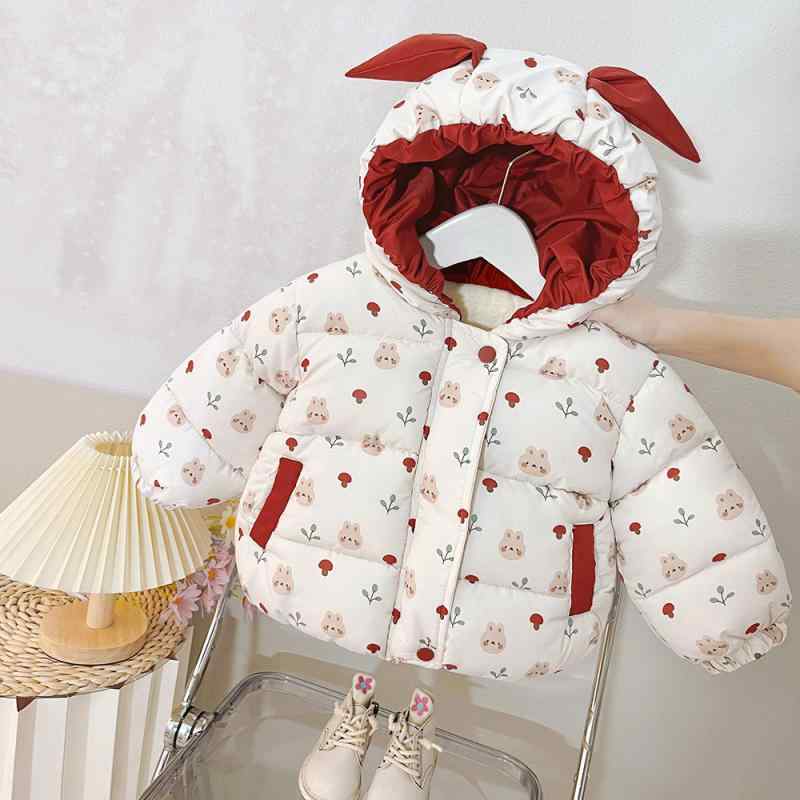 ・対象: 女児・スタイル: 韓国風・対象年齢: 1～3歳 (80～100cm)・シーズン: 冬・フード: あり・厚さ: 厚手・柄: プリント・素材: 綿・素材構成: 綿99%・安全等級: A類・色: 白・適合身長: 80, 90, 100,...