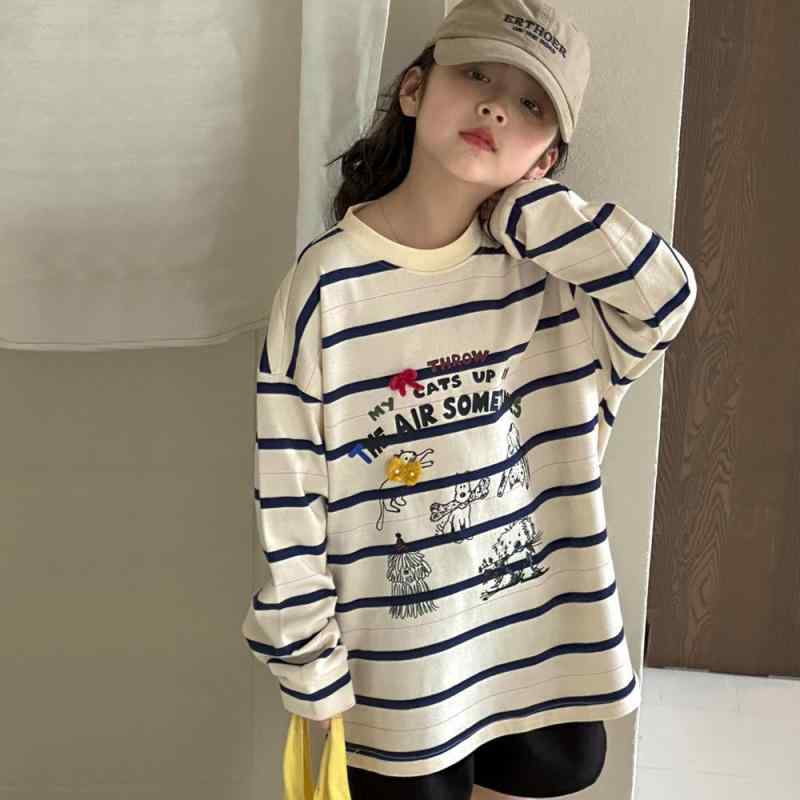 ・カテゴリ: 子供用スウェット・対象: 女の子・スタイル: ベーシック・厚さ: 普通・袖丈: 長袖・留め方: プルオーバー・フード: なし・実写画像: モデルあり・要素: ストライプ、漫画、かわいい、おしゃれ・生地: 綿・主生地成分: 綿1...