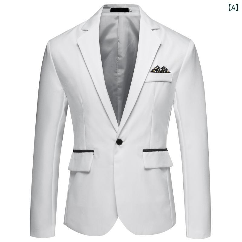 ・素材: ポリエステル95%・カテゴリ: テーラードジャケット・対象: メンズ・スタイル: カジュアル・柄: 無地・襟の形: スーツ襟・前立て: シングルブレスト、1つボタン・フィット: スリム・袖丈: 長袖・着丈: レギュラー・ポケット:...