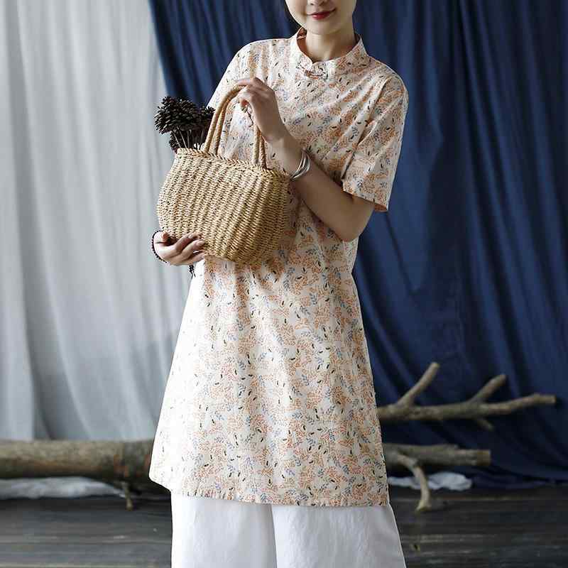 ・素材: 綿・柄: プリント・スタイル: レトロ・袖丈: 半袖・ネックライン: スタンドカラー・スカート丈: ミモレ丈・スカートタイプ: Aライン・色: 画像色・サイズ: フリーサイズ・袖のタイプ: レギュラー袖・組成: メイン素材50-7...