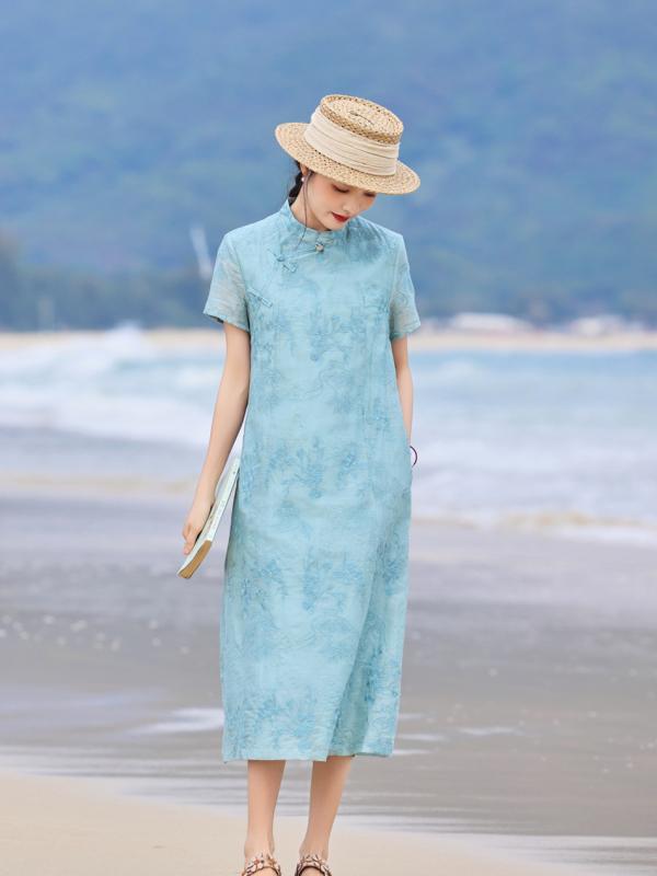 ・素材: 苎麻・柄: 無地・スタイル: ベーシック・組み合わせ: ワンピース・スカート丈: ミモレ丈・スカート型: ペンシルスカート・ネックライン: スタンドカラー・袖丈: 半袖・袖型: レギュラー袖・ウエスト: ゆったり・ディテール: 刺...