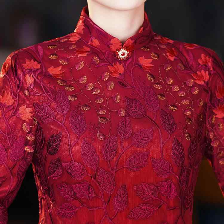 ・素材: レース、ポリエステル（95%以上）・スカート丈: ロング・ネックライン: スタンドカラー・袖丈: 五分袖・スタイル: レトロ・スカートの種類: ワンピース・カラー: ワインレッド・サイズ: M, L, XL, 2XL, 3XL, 4XL