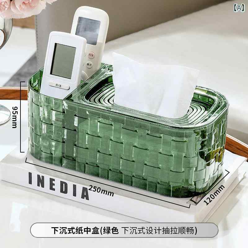 ・項目名: 素材・値: プラスチック・ペーパータオル: 抽取式・スタイル: 現代的ミニマリスト・機能: 防水、多用途・製品カテゴリ: ティッシュボックス・カラー: グリーン、琥珀色、透明