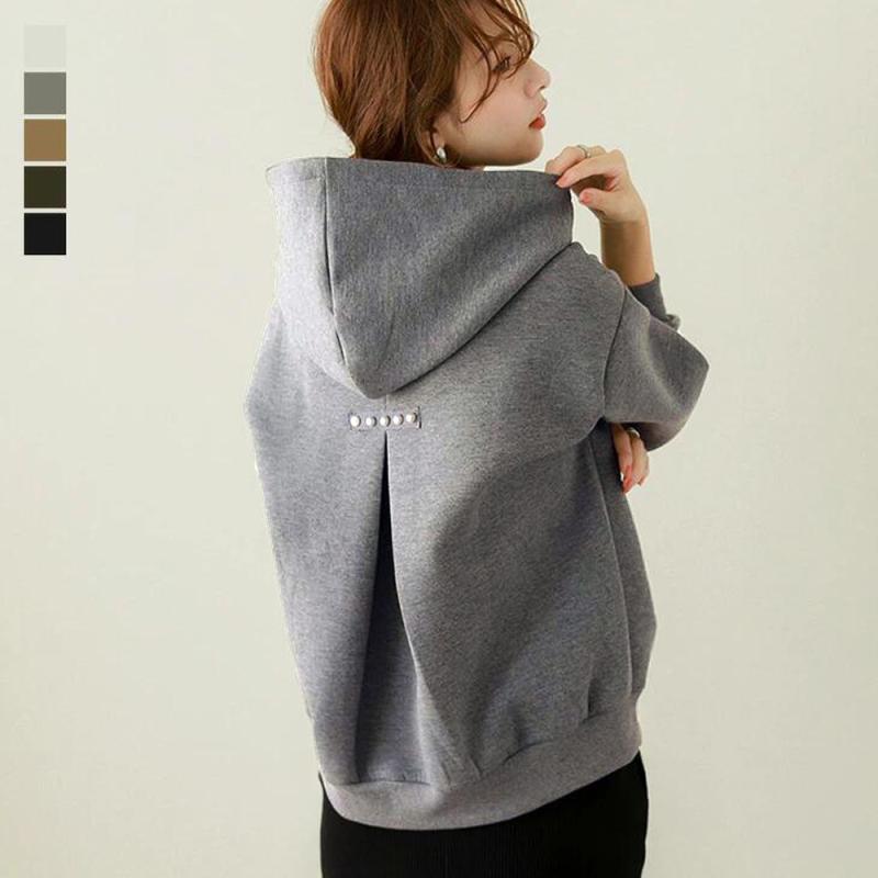 ・柄: 無地・スタイル: プルオーバー・フィット: ゆったり・組み合わせ: 単品・着丈: ミドル丈(50cm < 着丈 ≤ 65cm)・袖丈: 長袖・袖: レギュラー袖・ネックライン: フード付き・厚さ: 普通・流行の要素: ビーズ,...