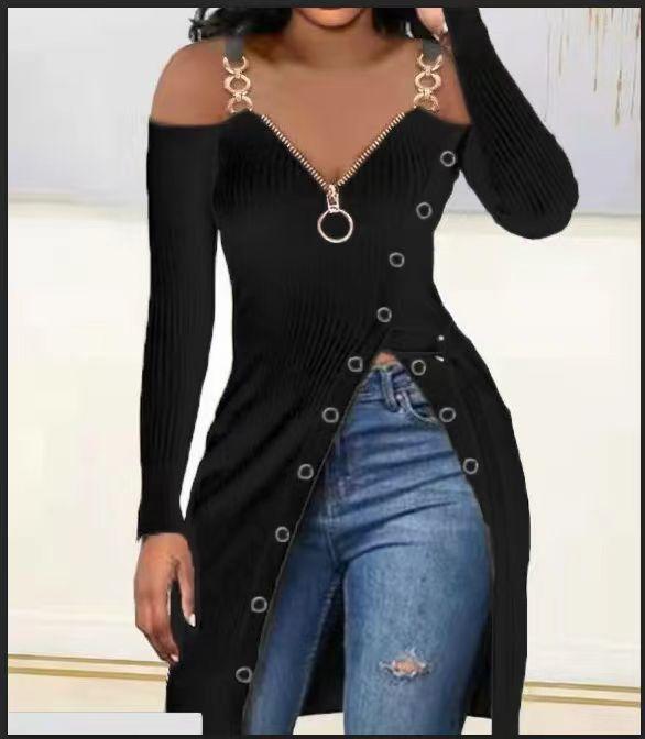 ・素材: ポリエステル・柄: 無地・スタイル: プルオーバー・袖丈: 長袖・工艺: パッチワーク・フィット: スリム・着丈: ミドル丈(65cm<着丈≤80cm)・ネックライン: Vネック・袖のタイプ: 通常袖・流行の要素: ジッパー...