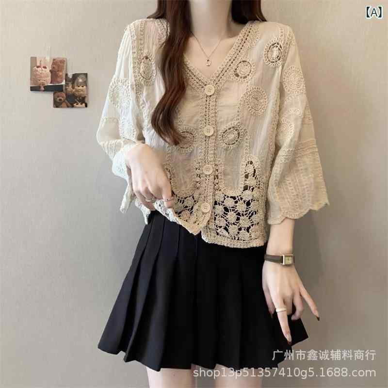 ・主な素材: 綿100%・厚み: 薄手・組み合わせ: 単品・シルエット: ゆったり・袖型: 標準・ネックライン: Vネック・袖丈: 七分袖・流行要素: クロシェ・着丈: 普通(50cm超65cm以下)・加工: 刺繍・カラー展開: ホワイト、...