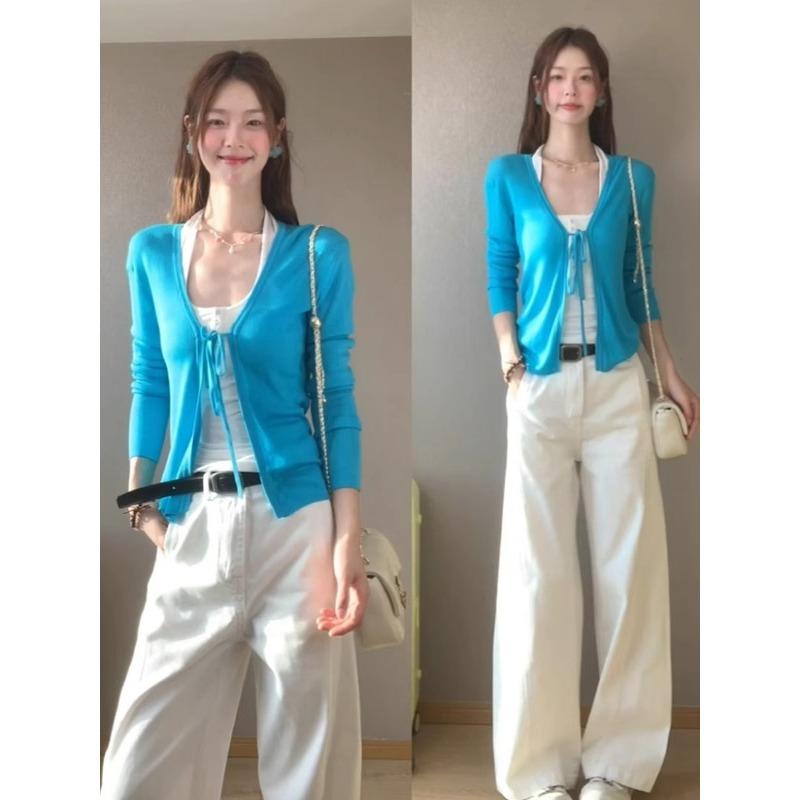 ・厚さ: 薄・スタイル: カーディガン・袖丈: 長袖・ネックライン: Vネック・袖のタイプ: レギュラー・流行の要素: リボン・着丈: 短め（40cm超50cm以下）・色: ブルー, ホワイト, ブラック・サイズ: S, M, L・スタイル...