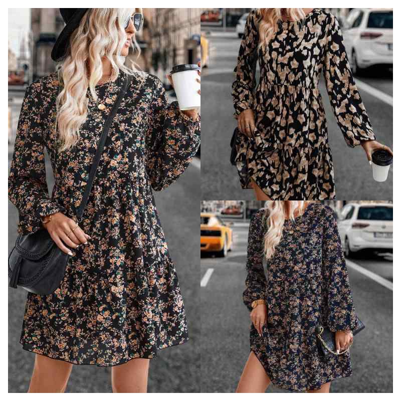 ・素材: ポリエステル繊維95%以上・柄: ヒョウ柄、花柄・スタイル: Aライン・袖丈: 長袖・ネックライン: ラウンドネック・カラー: ヒョウ柄、黒地花柄、紺地花柄・サイズ: S、M、L、XL・スカート丈: ミディ丈・ウエスト: ゆったり...