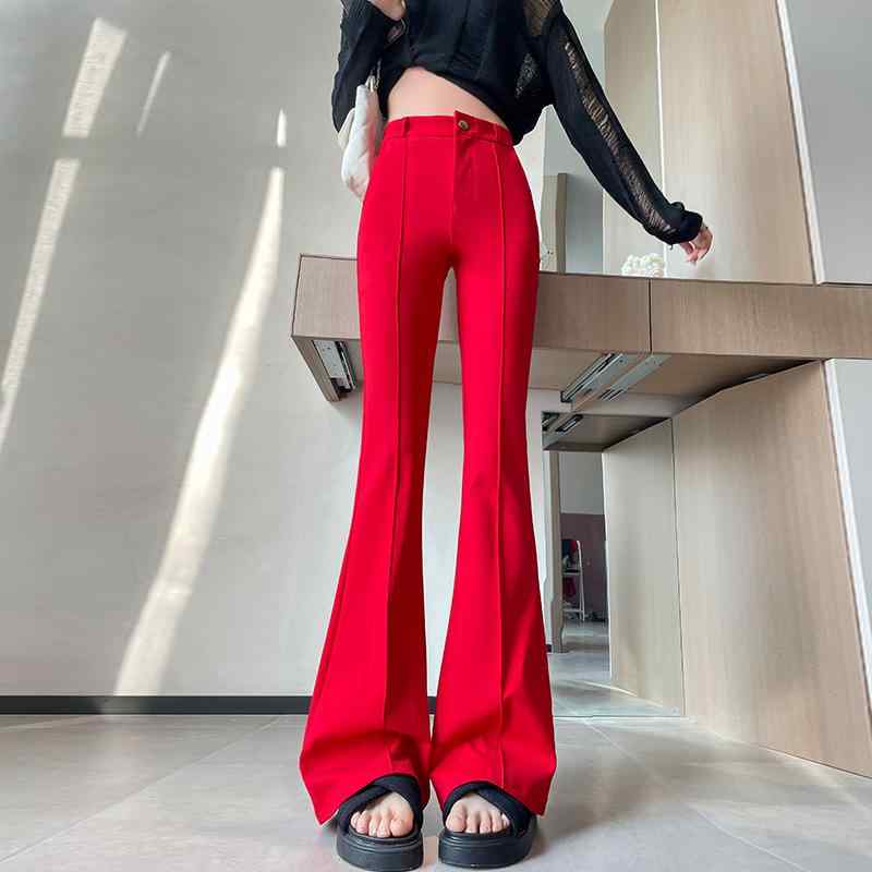 ・款式: 微喇裤・裤型: 大喇叭型・裤长: 长裤・腰型: 高腰・カラー: ブラック, ホワイト, レッド・サイズ: S, M, L, XL, 2XL・スタイル: 日韓カジュアル・主な素材: ポリエステル・素材: 弾力布・伸縮性: 高弾性・対...