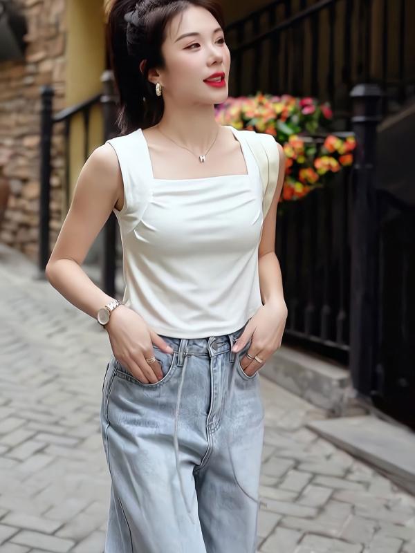 ・素材: 粘胶纤维・柄: 無地・スタイル: プルオーバー・袖丈: ノースリーブ・版型: スリム・ネックライン: スクエアネック・流行のデザイン: 配色・カラー: ブラック, ホワイト・サイズ: S, M, L, XL, XXL, XXXL・...