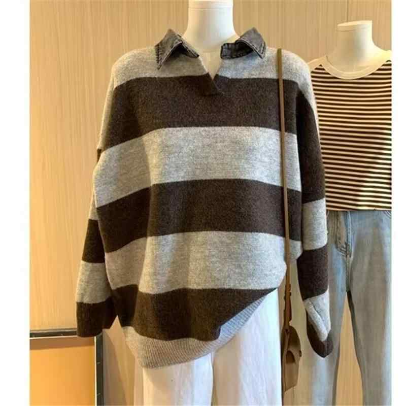 ・素材: PU、その他・柄: ストライプ・厚さ: 中程度・タイプ: プルオーバー・シルエット: ゆったり・袖のタイプ: レギュラー・襟の形: カウボーイカラー・袖丈: 長袖・流行の要素: ニット・着丈: 普通 (50cm<着丈≤65c...