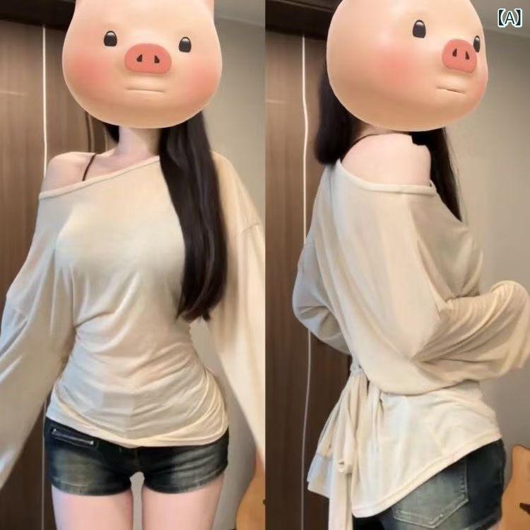 ・主な素材: 氨纶、その他・柄: 無地・スタイル: その他・袖丈: 長袖・版型: スリム・ネックライン: オフショルダー・袖のタイプ: 長袖・流行の要素: 镂空, 無地, リブ, 绑带・カラー: アプリコット, 緑, 白, ピンク, グレー...