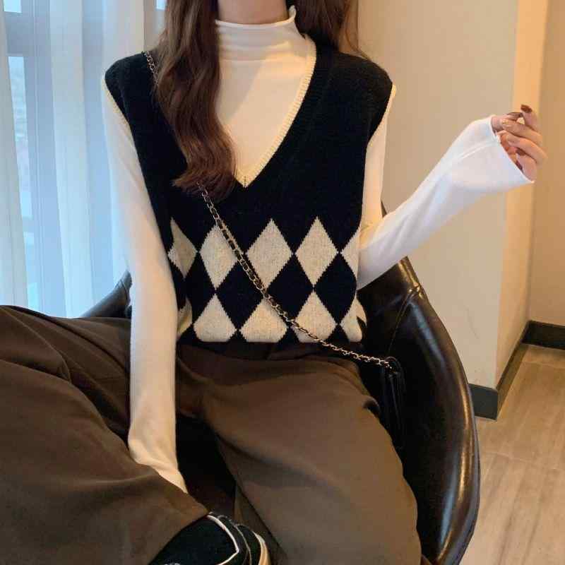 ・スタイル: 拼接・ネックライン: Vネック・柄: 格子柄・素材: ニット, ポリエステル・カラー: ブラック, グレー, コーヒー・サイズ: フリーサイズ・対象: 成人, 女性・フィット: スリム・種類: ベスト・フロント: プルオーバー...