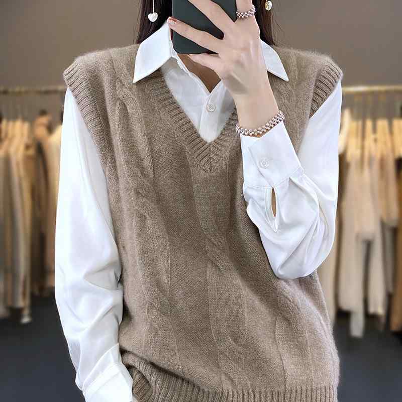 ・スタイル: 通勤・カテゴリ: ベスト・ネックライン: Vネック・柄: 無地・素材: ウール・素材構成: ウール95%以上・カラー: 原駝色, 原米色, ホワイト・サイズ: S, M, L, XL, 2XL・対象: レディース・タイプ: プ...