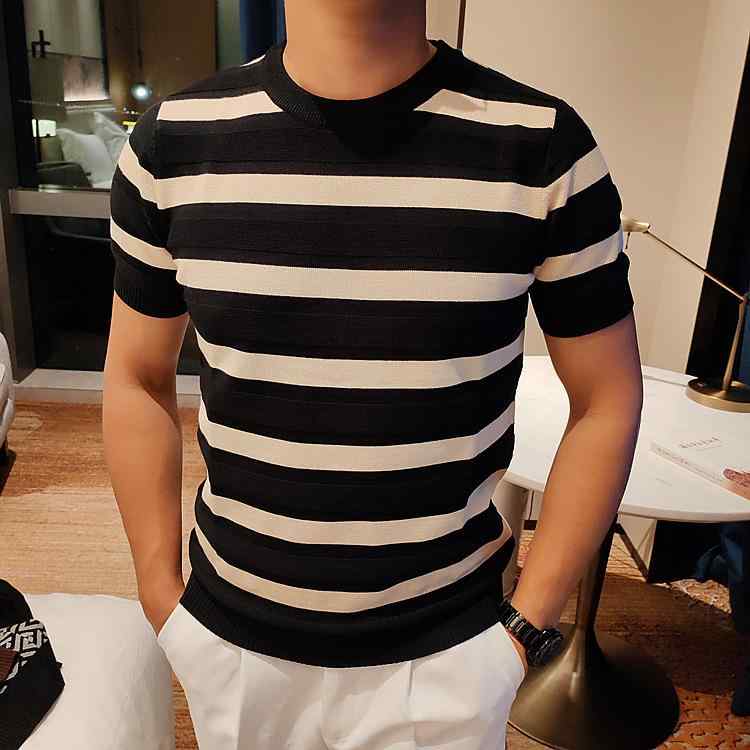 ・カテゴリ: ニット・スタイル: プルオーバー・フィット: スリム・ネックライン: ラウンドネック・袖丈: 半袖・柄: ストライプ・素材: ビスコース 72%・対象年齢: 成人・対象: メンズ・色: ブラック/ベージュ・色: コーヒー/ベー...