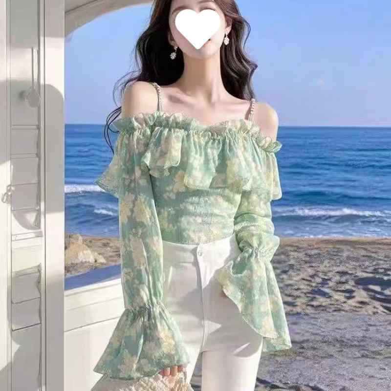 ・素材: ポリエステル・スタイル: 拼接,印花・袖丈: 長袖・ネックライン: オフショルダー・袖のタイプ: 常規・カラー: 花色・サイズ: S,M,L,XL・スタイル: 通勤・メイン素材の含有量: 95%以上・スタイル: 都市風・製品カテゴ...