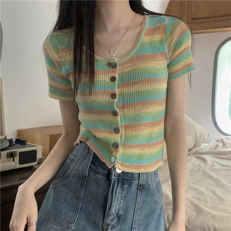 ・カテゴリ: ニット、セーター・素材: レーヨン・柄: レインボー・厚さ: 中・組み合わせ: シングル・スタイル: カーディガン・シルエット: スリム・袖: フレアスリーブ・ネックライン: ラウンドネック・袖丈: 五分袖・デザイン: 配色・...