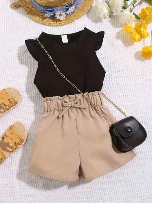 ・カテゴリ: 子供用セットアップ・スタイル: 韓国風・セット内容: トップス、パンツ・対象: 女児・対象年齢: 1～3歳 (80～100cm)・シーズン: 夏・袖丈: ノースリーブ・パンツ丈: ショートパンツ・生地の厚さ: 薄手・柄: 無地...