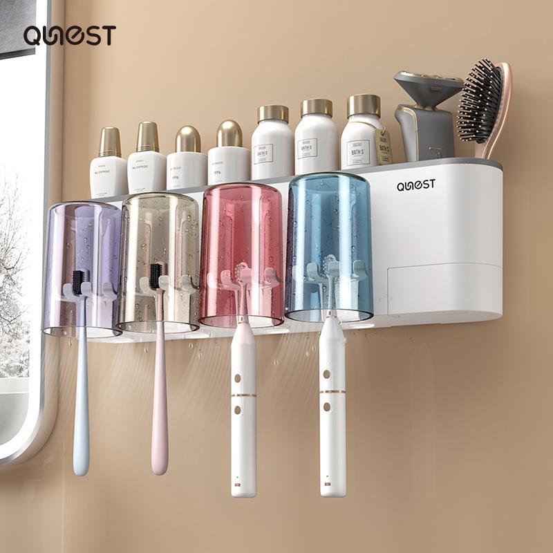 ・商品カテゴリ: 歯ブラシスタンド・機能: 収納, 穴あけ不要・素材: プラスチック・設置方法: 吸盤式・カラー: グレー, ブラック