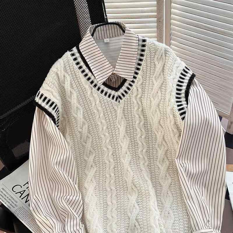 ・カテゴリ: ニット・スタイル: プルオーバー・フィットタイプ: ルーズ・ネックライン: Vネック・袖丈: ノースリーブ・厚さ: 普通・テイスト: 韓国・ディテール: 配色・対象年齢: 18-24歳・素材: 化学繊維混紡・主素材: アクリル...