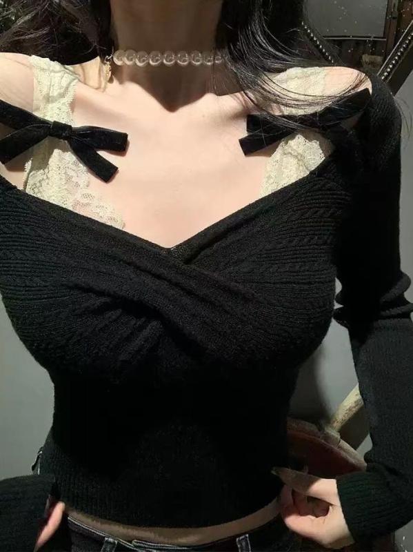 ・素材: ポリエステル・スタイル: 假两件套・袖丈: 長袖・版型: 修身型・着丈: 短め(40cm超50cm以下)・ネックライン: オフショルダー・袖のタイプ: 通常袖・流行の要素: 蝶結び・カラー: ブラック, レッド・サイズ: S, M...