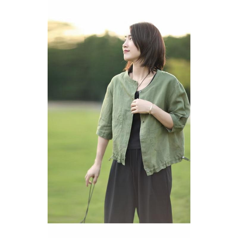 ・素材: 麻混紡・柄: 無地・フィット: ゆったり・袖丈: 五分袖・袖のタイプ: ドロップショルダー・ネックライン: ラウンドネック・カラー: ライトグリーン・サイズ: M, L, XL, 2XL・スタイル: 通勤・フロント: シングルブレ...
