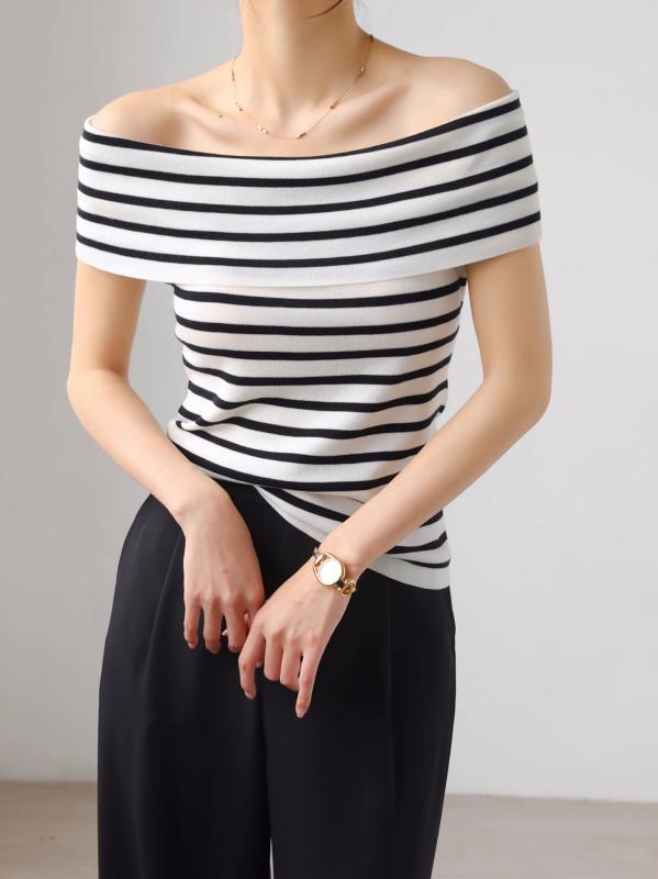 ・素材: テンセル（リヨセル繊維）・厚さ: 適中・スタイル: プルオーバー・フィット: スリム・袖: 通常・ネックライン: オフショルダー・袖丈: ノースリーブ・柄: ストライプ・着丈: 短め（40cm超50cm以下）・工艺: 高温定型・カ...