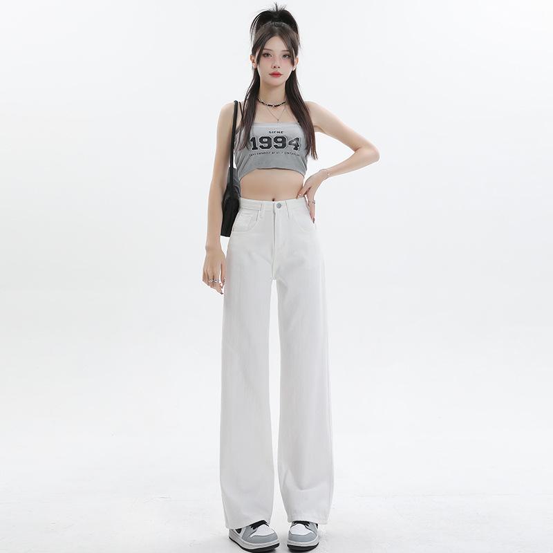 ・素材: 綿・スタイル: 直筒パンツ・パンツ丈: フルレングス・ウエスト: ハイウエスト・厚さ: 普通・デザイン: 無地・カラー: ホワイト（九分丈, 長ズボン, 加長）・サイズ: XS, S, M, L, XL・系統: 通勤・主素材含量:...