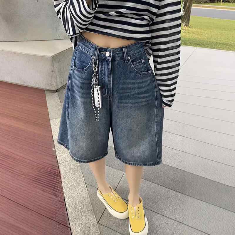 ・主な素材: 綿・スタイル: カジュアル、ストリート・パンツ丈: 五分丈・ウエスト: ハイウエスト・厚さ: 中厚・特徴: 無地、ウォッシュ加工、ユーズド加工・カラー: デニムブルー・サイズ: S, M, L, XL, 2XL, 3XL, 4...