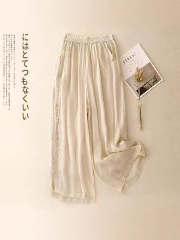 ・素材: 綿麻・スタイル: 直筒パンツ・パンツ型: ワイドレッグパンツ・パンツ丈: 9分丈・ウエスト: ハイウエスト・厚さ: 薄手・流行の要素: 刺繍・カラー: 杏色, 紫色, ピンク, ブラック・サイズ: M, L, XL, 2XL・スタ...