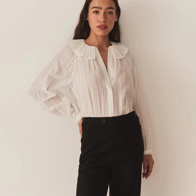 ・素材: 綿・柄: 無地・スタイル: カーディガン・袖丈: 長袖・着丈: 普通(50cm<着丈≤65cm)・襟の形: フリル・袖の形: シャツ袖・流行のデザイン: フリル・カラー: 白・サイズ: S, M, L・スタイル: 文芸風・前...