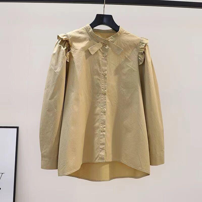 ・素材: 綿・素材（混紡）: 綿、スパンデックス・柄: 無地・スタイル: カーディガン・袖丈: 長袖・フィット: ゆったり・着丈: ミドル丈・ネックライン: スタンドカラー・袖のタイプ: ドロップショルダー・ディテール: 蝶結び・カラー: ...